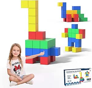 Hojalis 32 Pcs Magnetic Building Blocks, Colourful Magnetic Blocks for ...