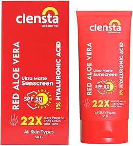 Clensta Red Aloe Vera Ultra Matte SPF 50 Sunscreen With 1% Hyaluronic ...
