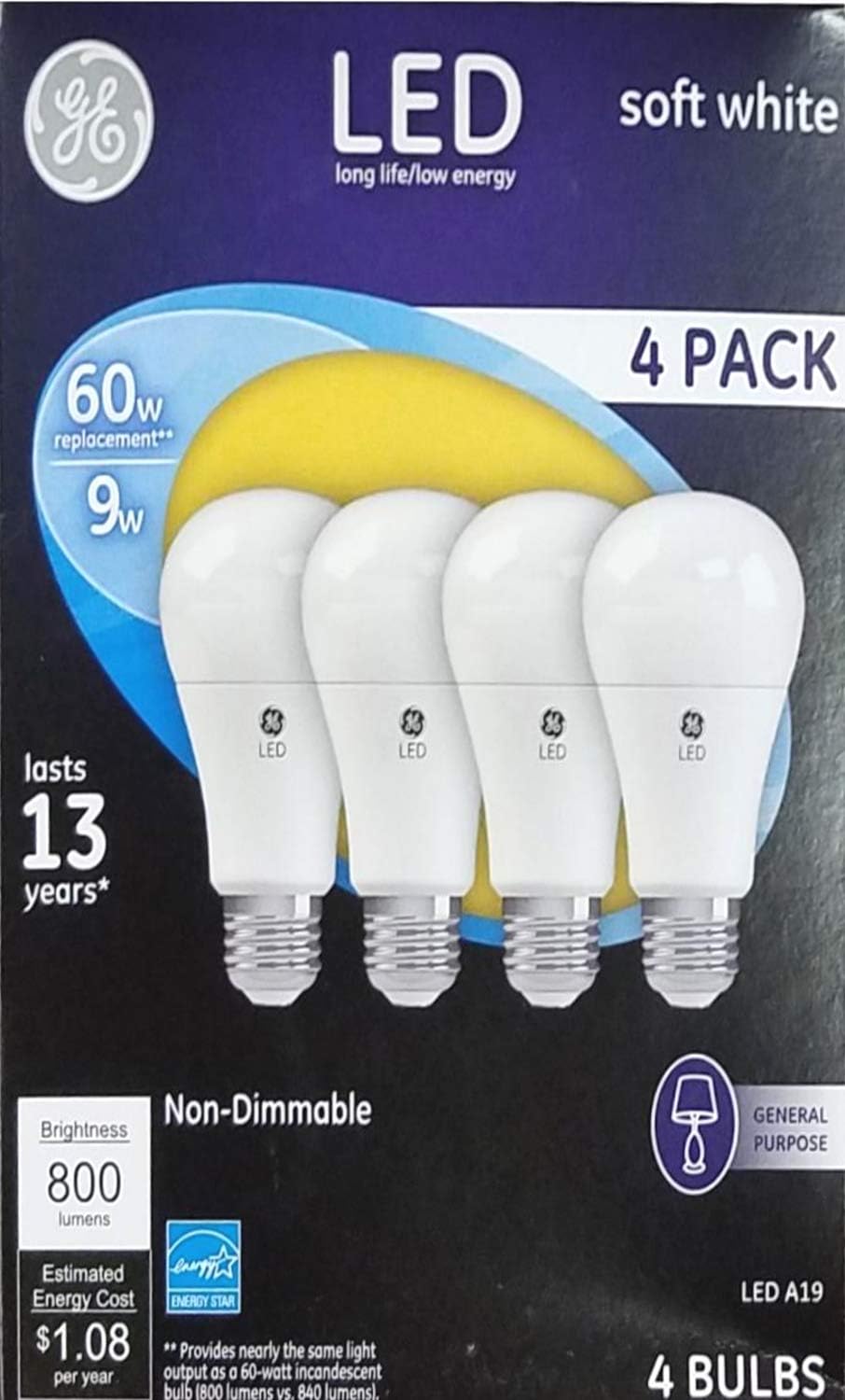 General Electric 61986 4PK WHT 4 Pack 9W Soft White A19 Shape LED Light ...