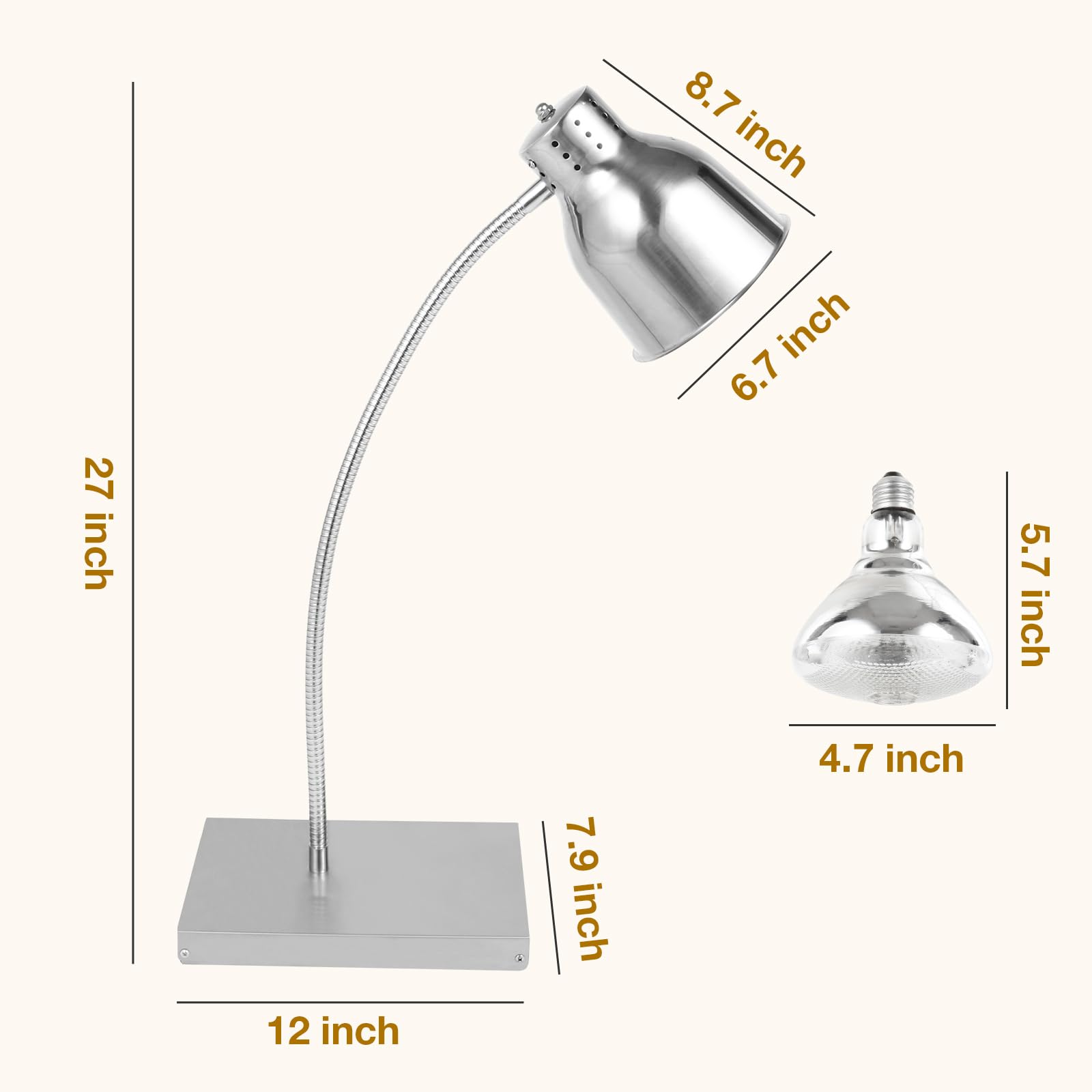 Restlrious Food Heat Lamp with 250w Bulb, Commercial Stainless Steel ...