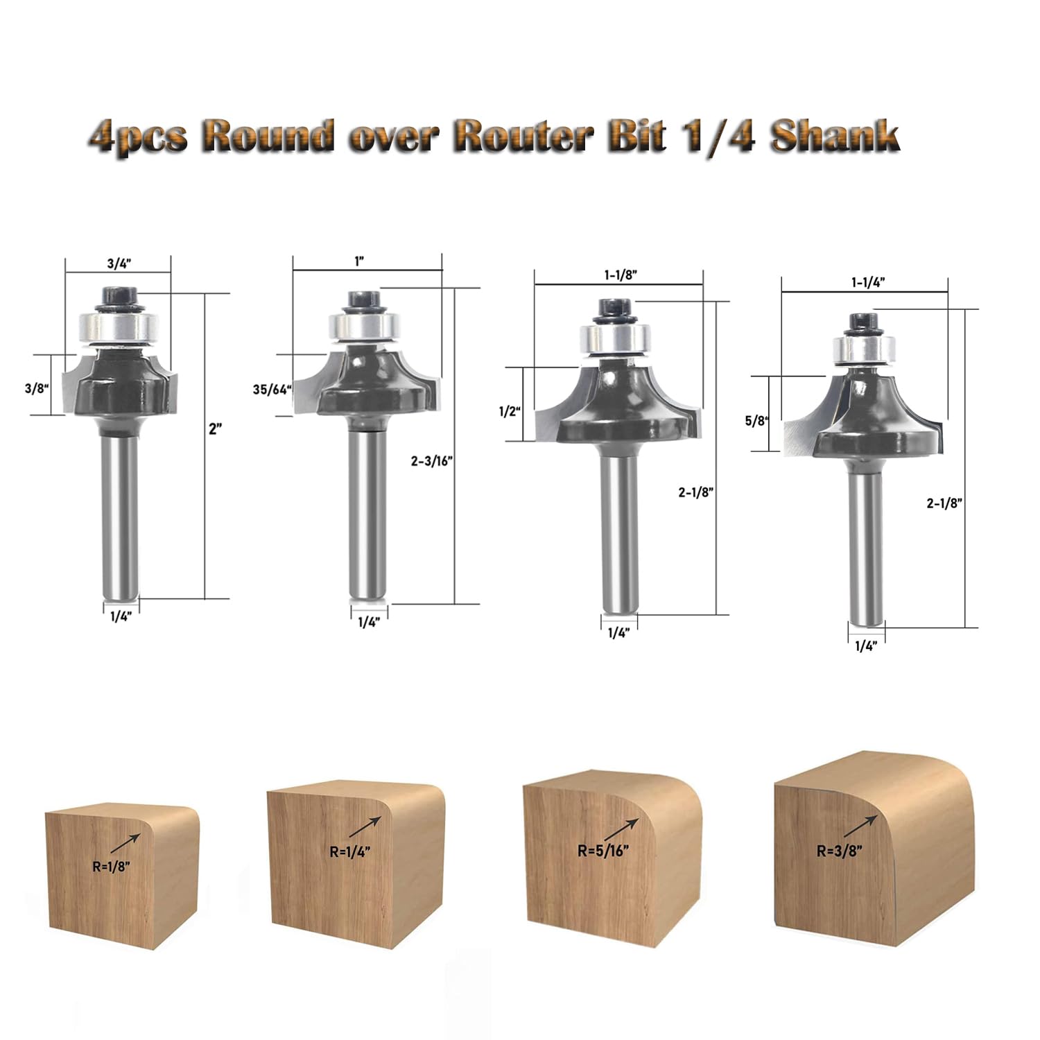 Snapklik.com : Roundover Router Bit Set 1/4 Shank By , 4pcs Router ...