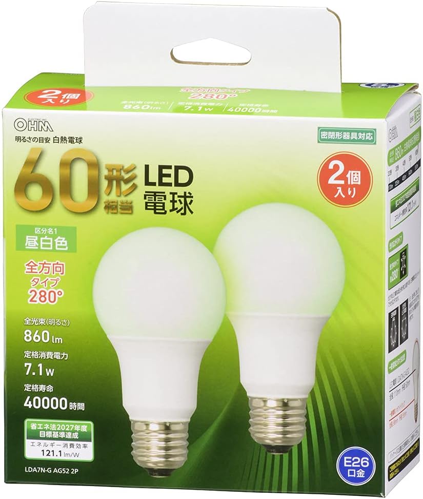 Amazon | 東芝(TOSHIBA) LED電球 60W相当 全方向 昼白色 E26口金 2P 密閉器具対応 LDA7N-G/60V1RP | 東芝(TOSHIBA) | LED電球