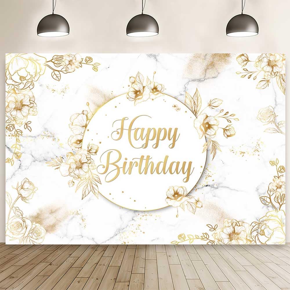 Amazon.com : MEHOFOND 7x5ft Happy Birthday Backdrop Gold Floral White ...