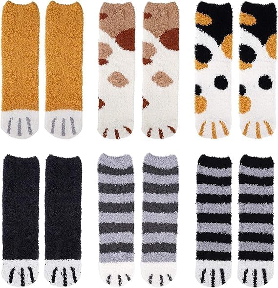 6 Pairs Plush Women's Cat Paw Winter Soft Sleep Bed Floor Socks, Warm ...