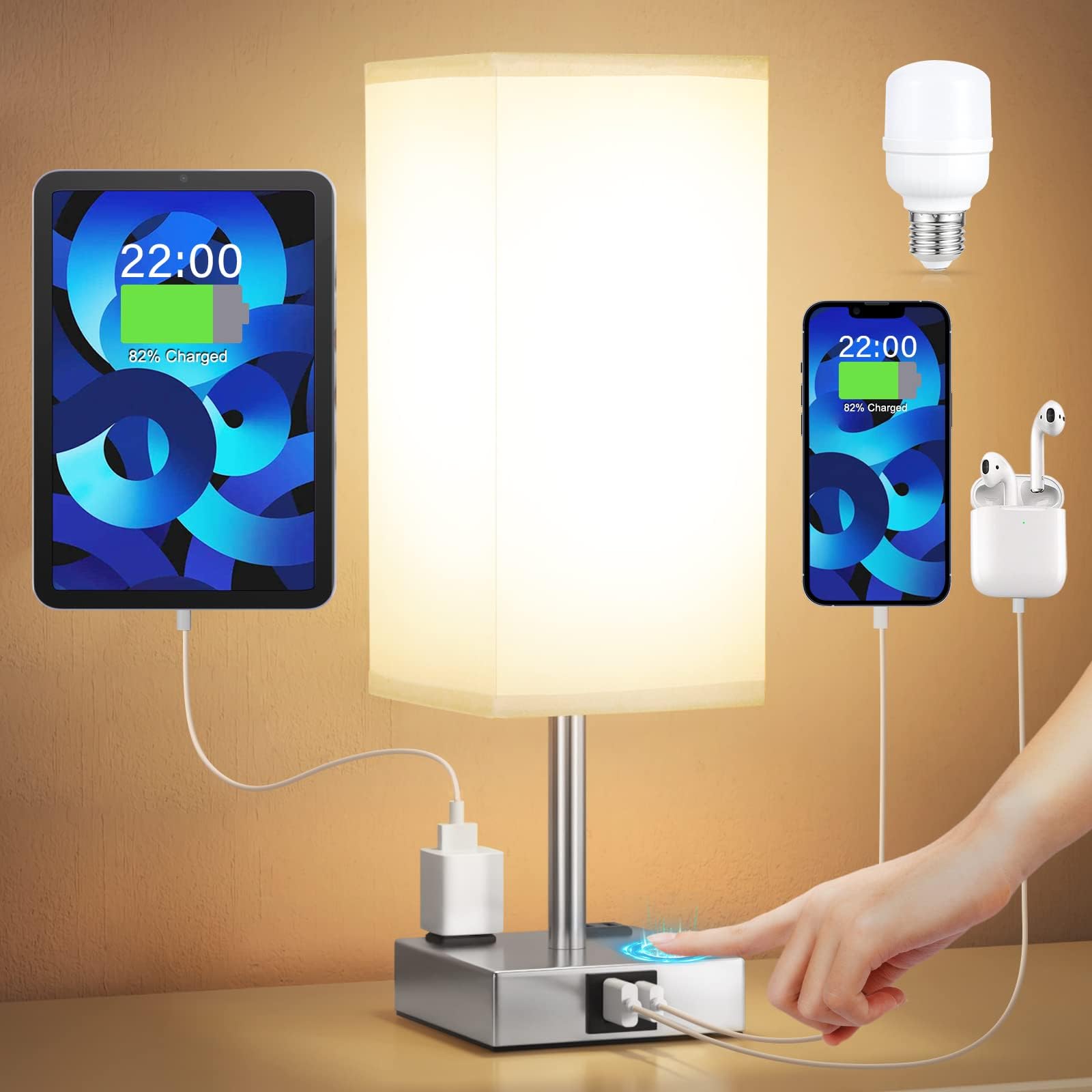 Table Lamp with Alarm Clock, Charging Station, USB C & A, AC Outlet ...