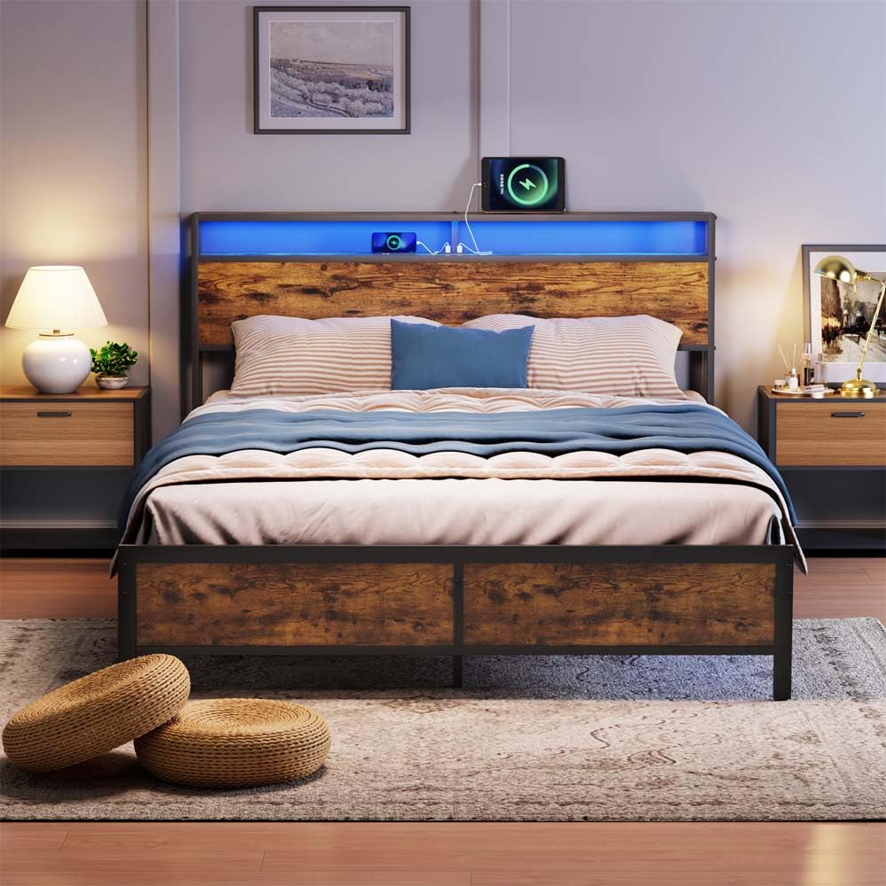Amazon.com: Anwick Industrial Full Bed Frame with LED Light Headboard ...