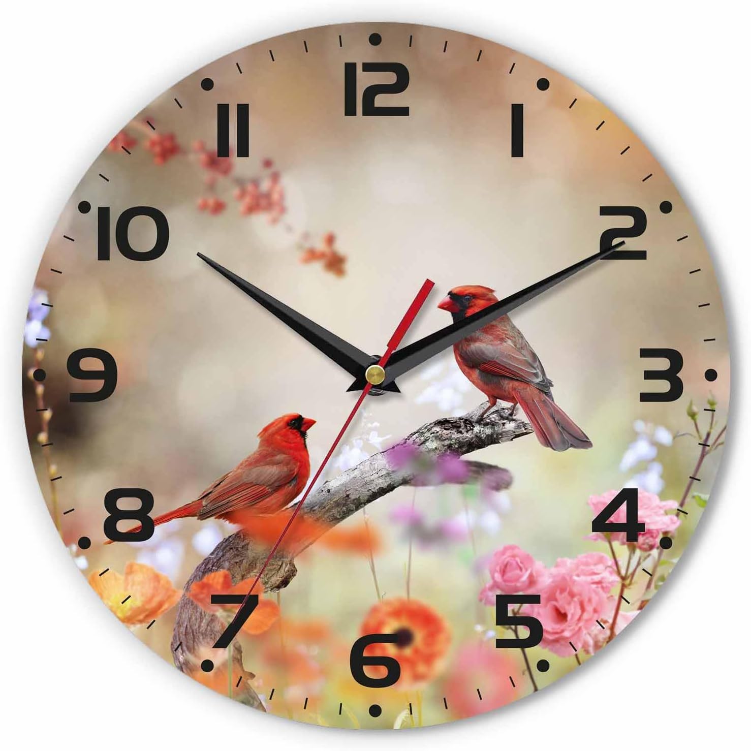 Amazon.com: Northern Cardinals Wall Clock Garden Flower Red Colorful ...
