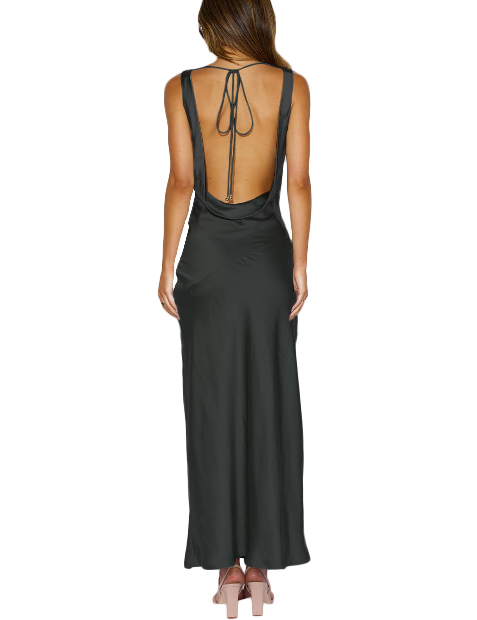 Amazon.com: Satin Cowl Neck Sleeveless Backless Maxi Wedding Guest ...