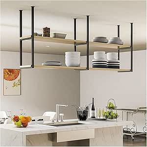 Amazon.com: 2 Layer Solid Wood Hanging Wine Rack Ceiling Storage Rack ...
