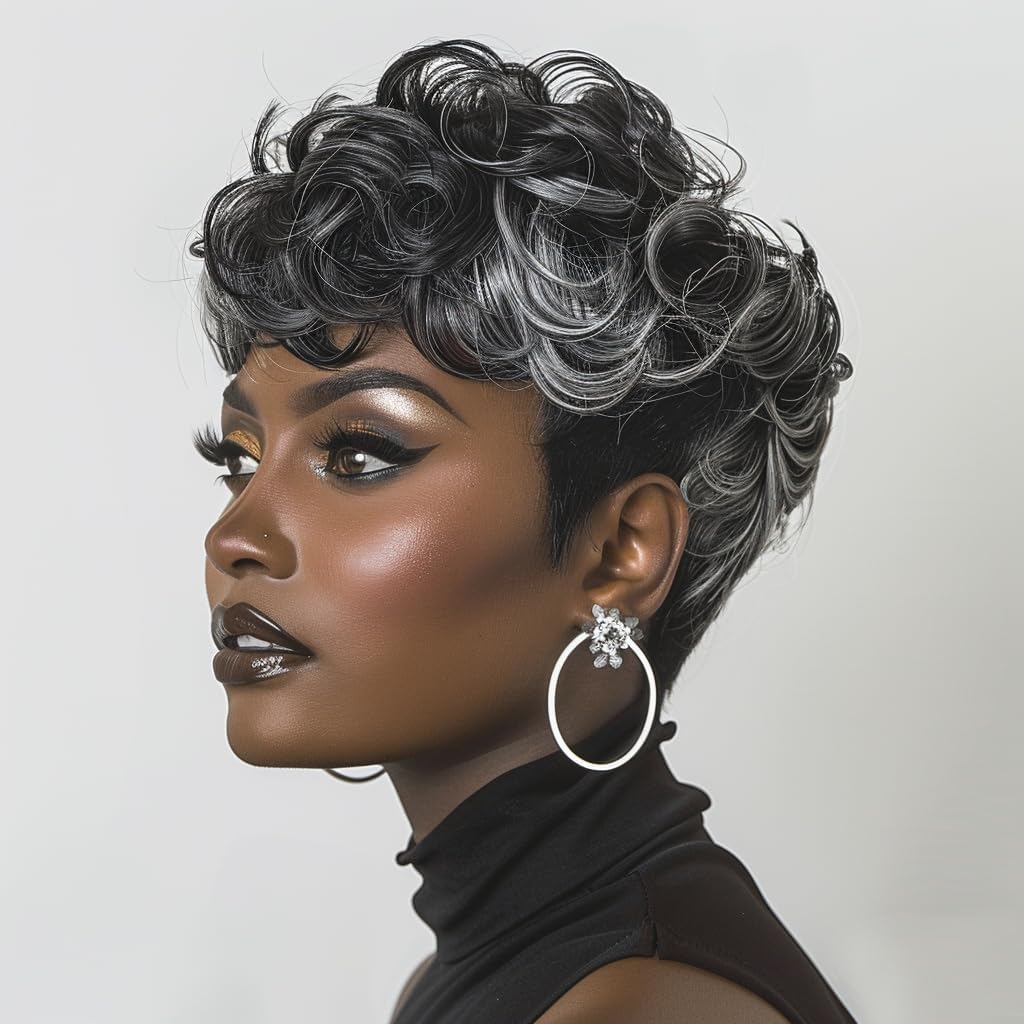 Amazon.com : Pixie Cut Wig Short Curly for Black Women - Mixed Grey With Bangs, Natural Short ...