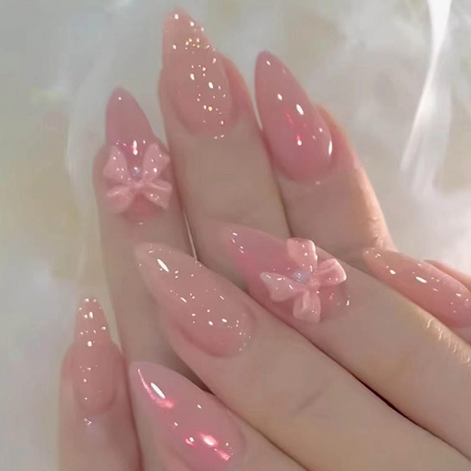 Amazon.com: Hkanlre Pink Press on Nails Medium Bow Fake Nails Tips Full ...