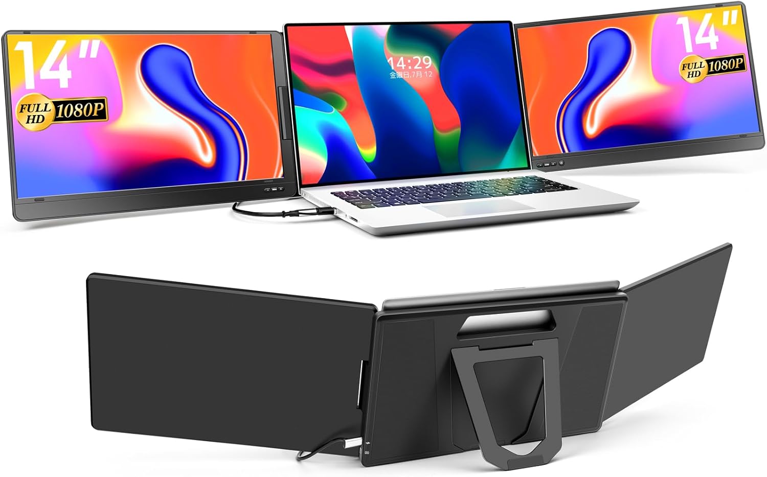 Amazon.co.jp: KOGODA トリプルモニター 14インチ モバイルデュアルモニター 3画面ディスプレイ Type-C/USB 2.0対応 11.6~15.6インチノートパソコン用 ...