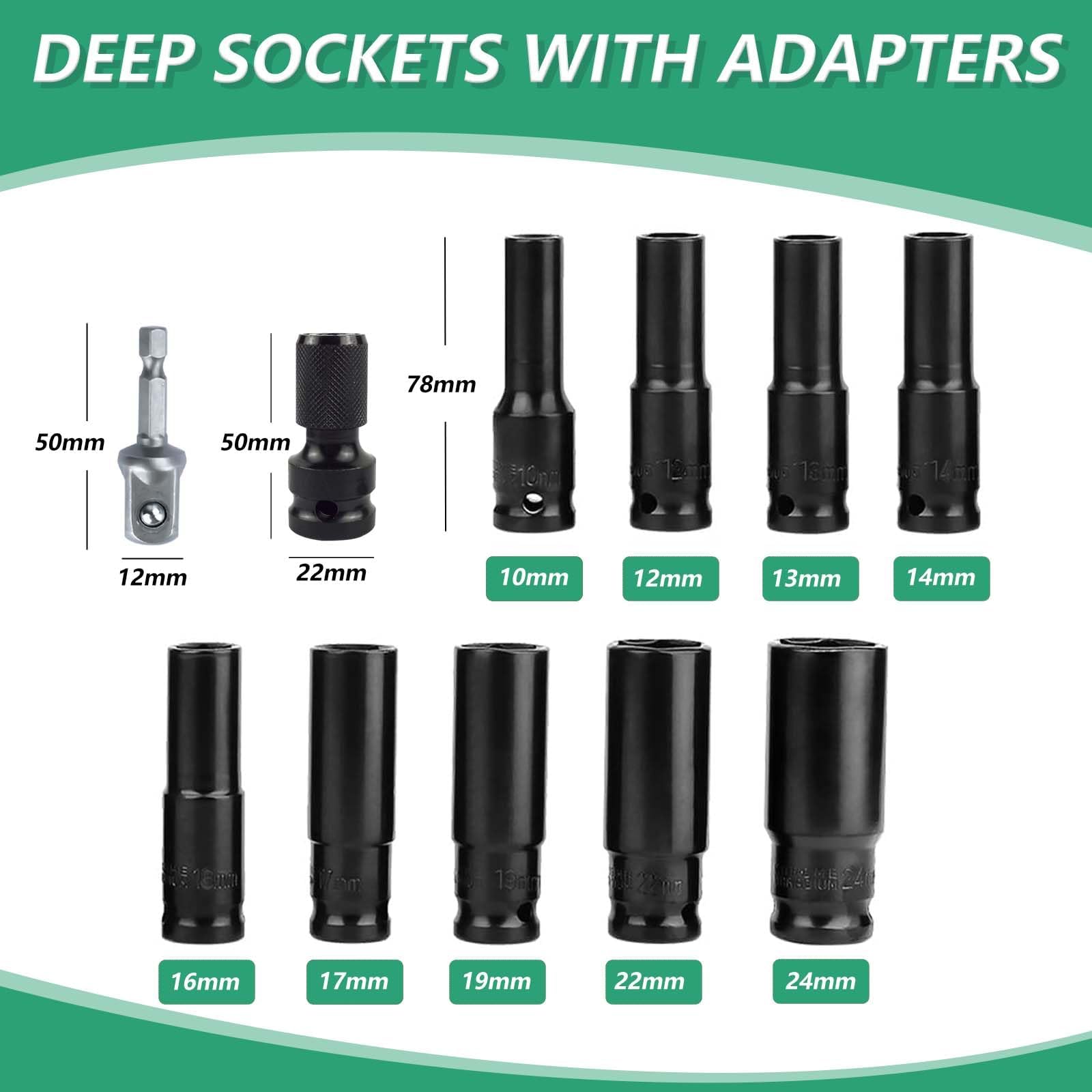 11 Pcs Deep Impact Socket Set with Driver Socket Extension and Plastic ...
