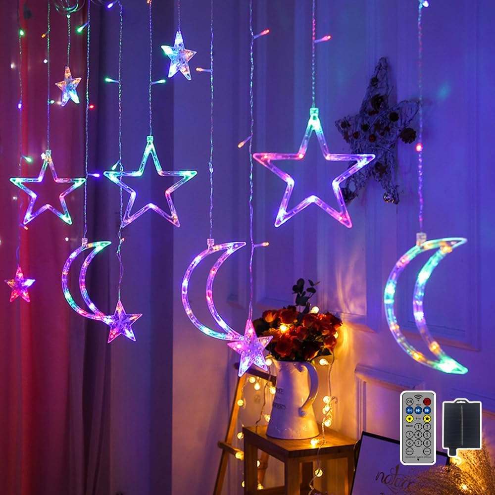 Amazon.co.jp: イルミネーションライト 120LED クリスマス イルミネーション 屋外 ソーラー イルミネーションソーラー ライト リモコン付 星 月 カーテンライト 長さ3 ...