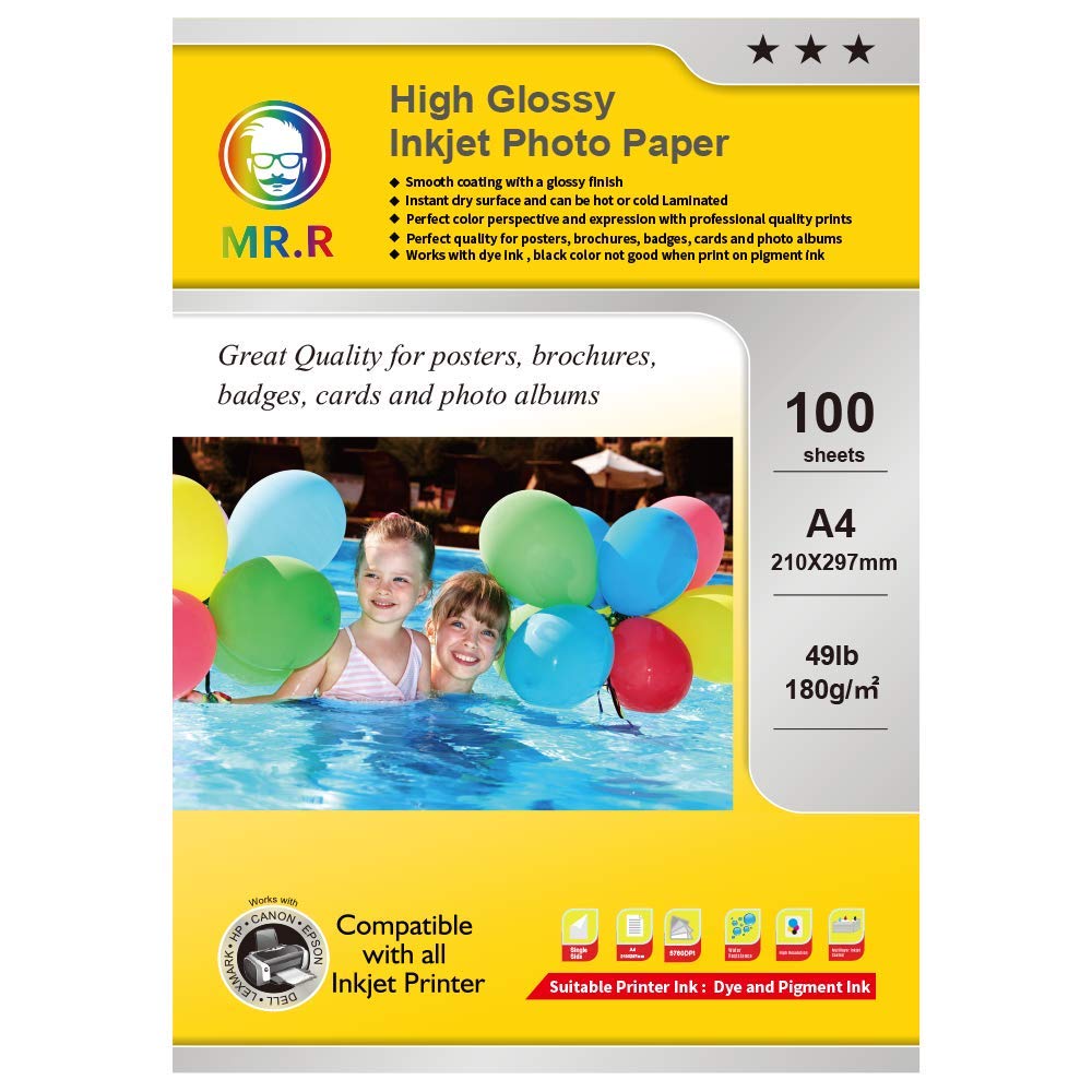 MR.R Inkjet Photo Paper A4 210 x 297mm Glossy 100 Sheets 180gsm for ...
