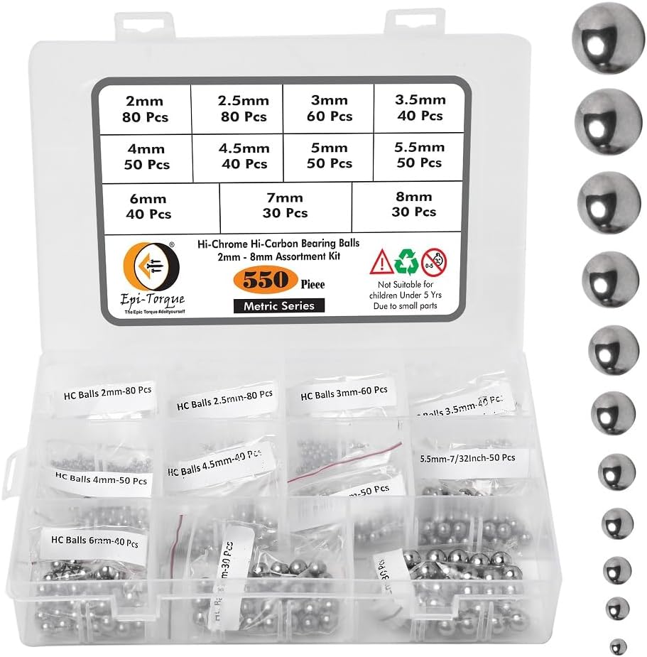 Epi-Torque 550 Pcs 11 Size 2-8MM Metric Precision Chrome Steel Assorted Loose Bicycle Bearing ...