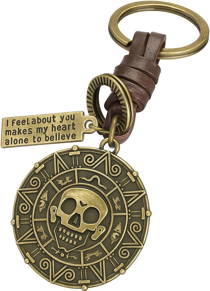 Skull Keychain –with Brown Leather, Engraved Quote Tag, and Retro ...