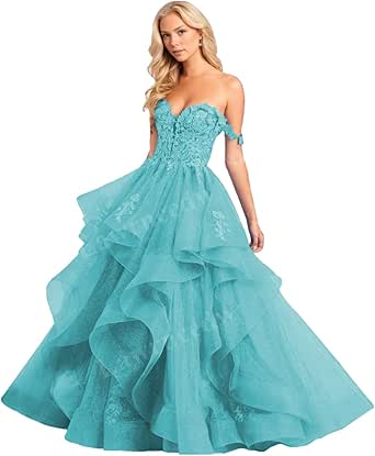 Amazon.com: Off Shoulder Glitter Tulle Prom Dresses Ruffle Tiered Long Ball Gown Sweetheart ...