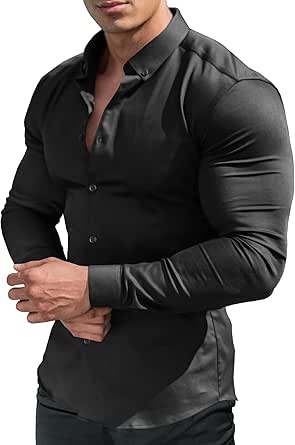 URRU Men's Muscle Dress Shirts Slim Fit Stretch Long&Short Sleeve Casual Button Down Shirt ...