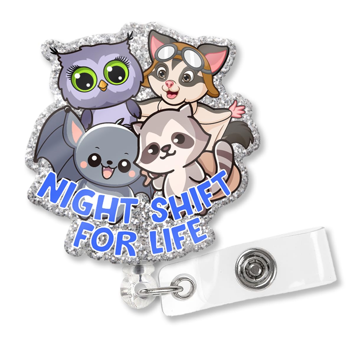 Amazon.com : XQLZY Night Shift for Life Silver Glitter Cute Badge Reel ...