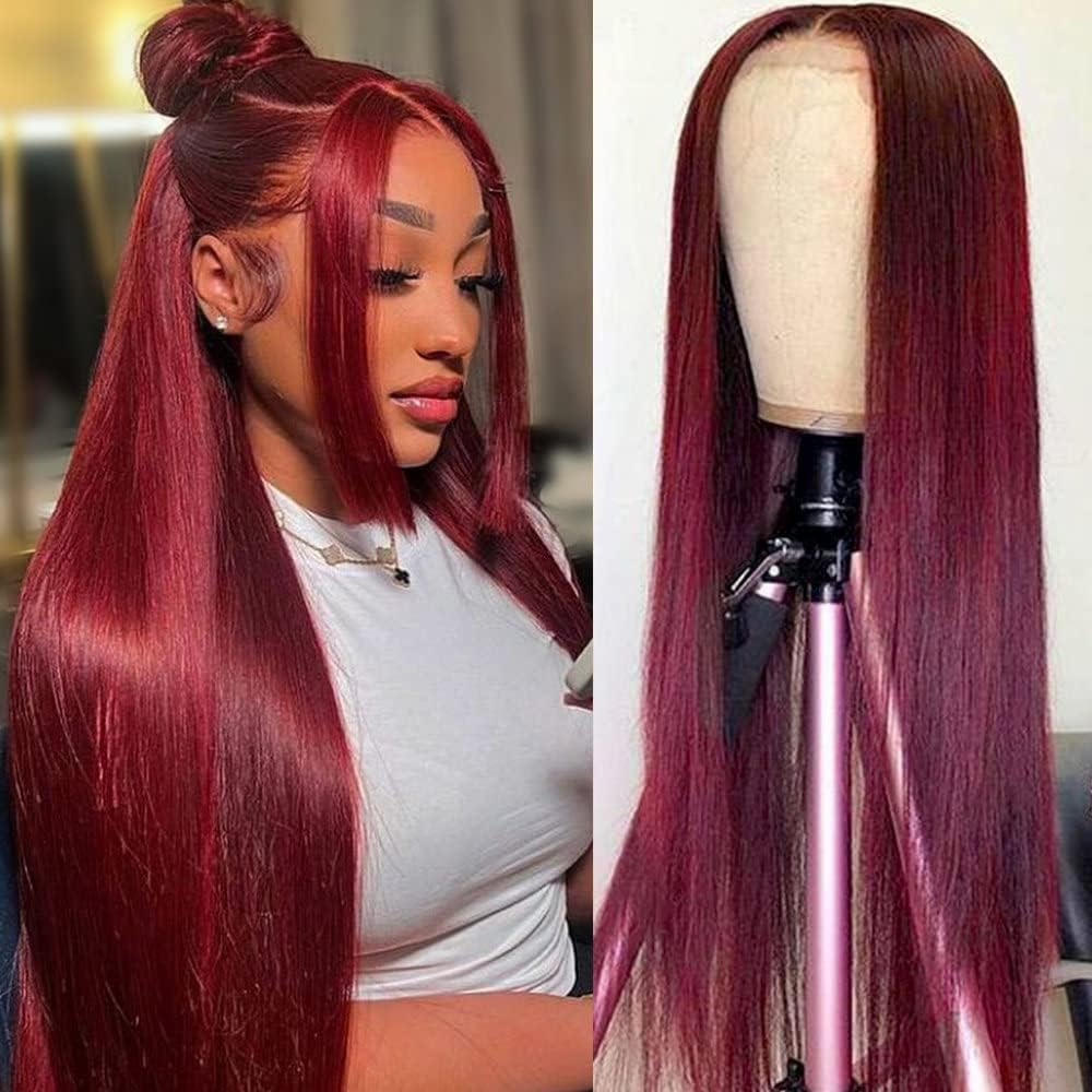 Amazon.com : Dark Burgundy Lace Front Wigs Human Hair 32Inch Straight ...