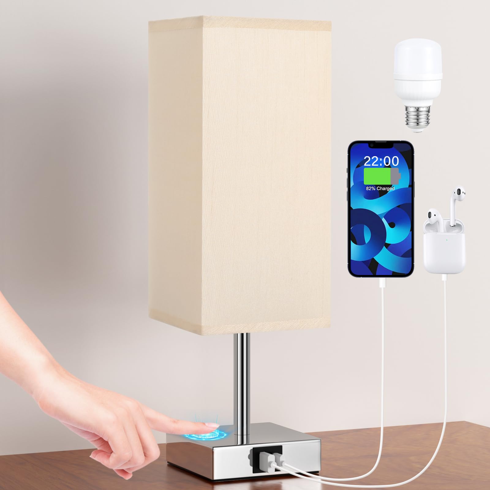 Aooshine Bedside Lamp, Touch Control Table Lamp with USB A+C Charging Ports, Touch Lamps Bedside ...
