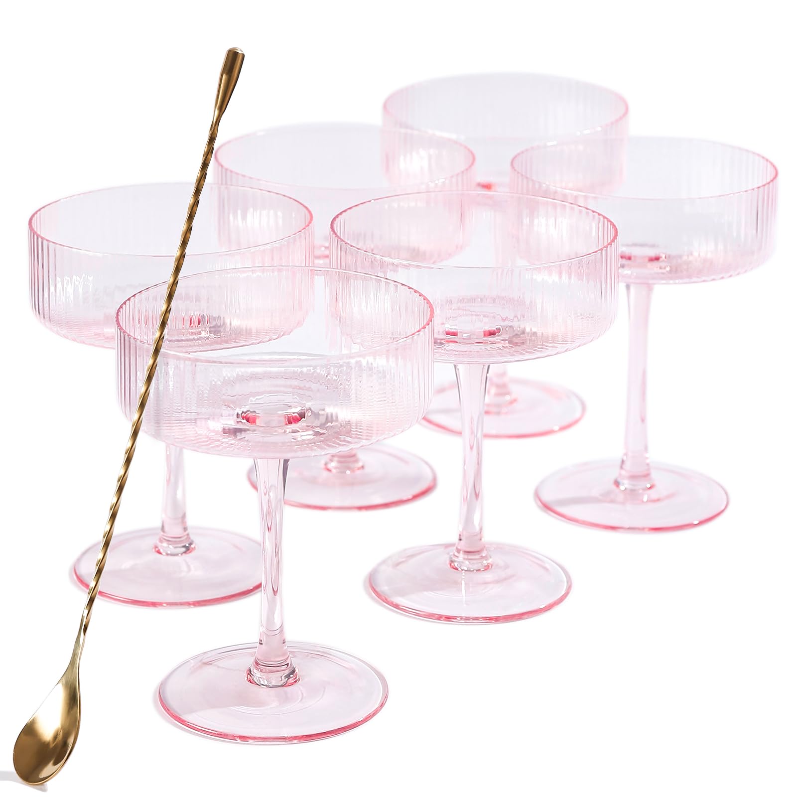 Amazon.com | comfit Pink Vintage Martini Glasses Set, Ribbed Coupe ...