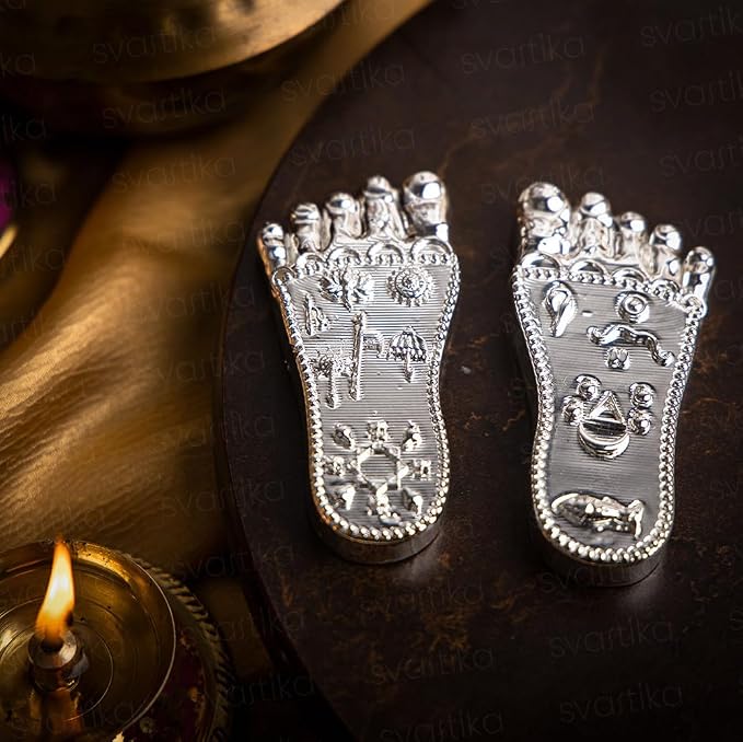 Svastika Lotus Feet of Shri Krishna with 19 Symbols | Silver Plated ...