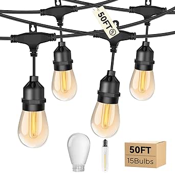 Licoopr Outdoor String Lights LED 50FT Patio String Lights for Outside ...