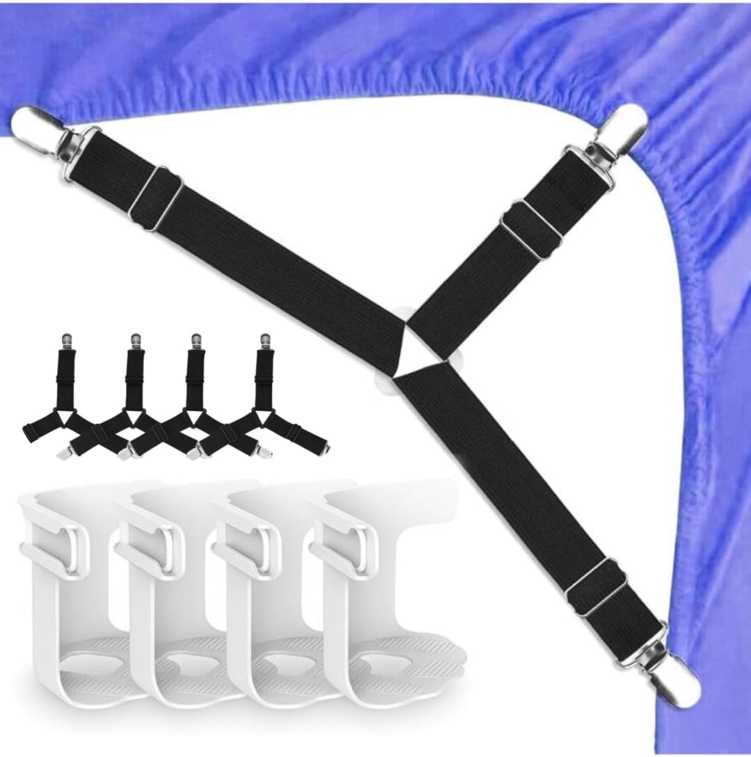 4 Fitted Bed Sheet Holders + 4 Corner Straps set - 4 pcs each, Bed ...