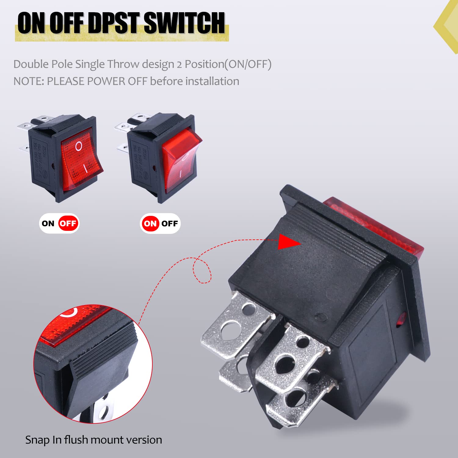 Snapklik.com : 2Pcs Rocker Switch AC 10A/125V 6A/250V DPST 4 Pins 2 ...