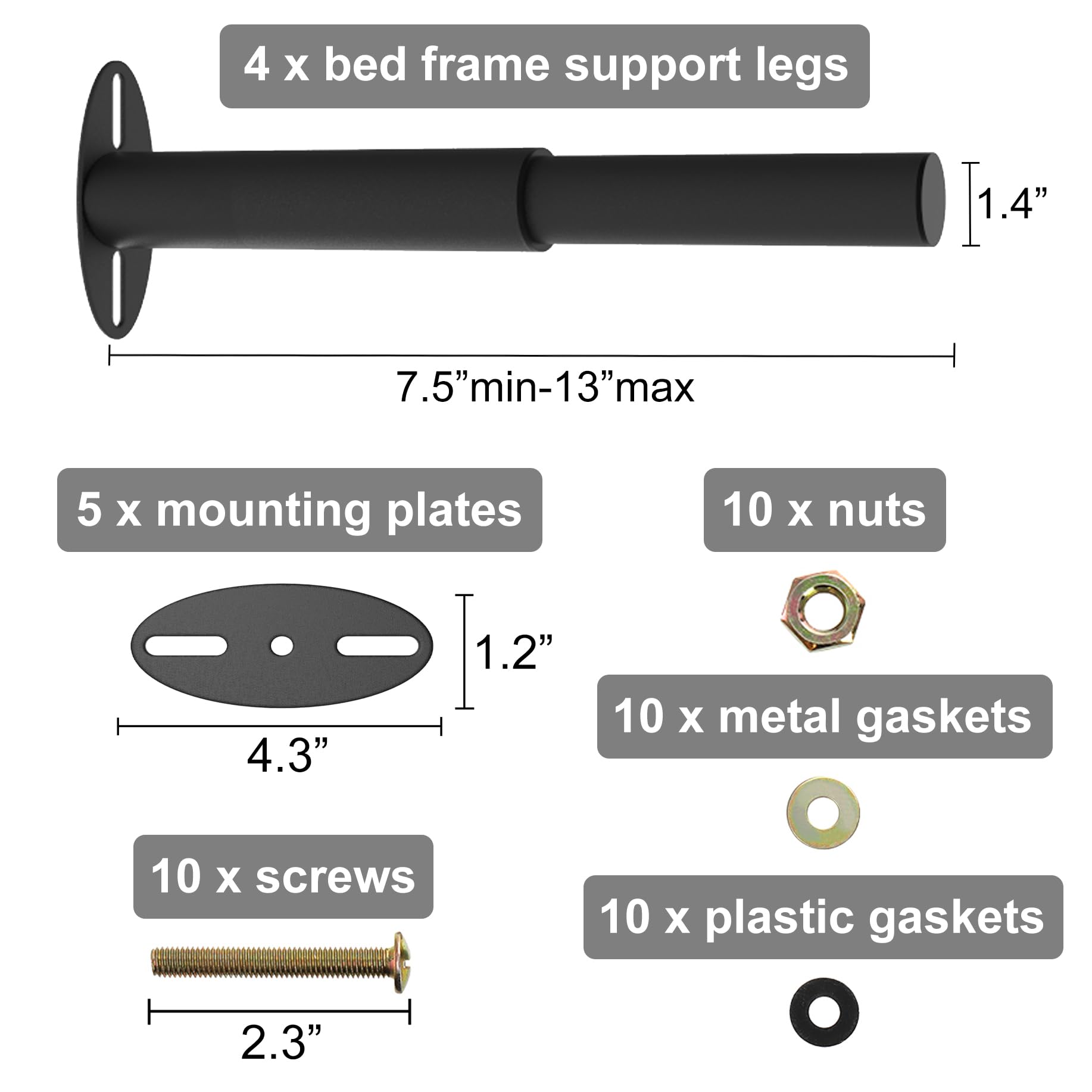 Elsjoy 4 Pack Adjustable Height Bed Frame Legs, 7.5″-13″ Metal Frame ...