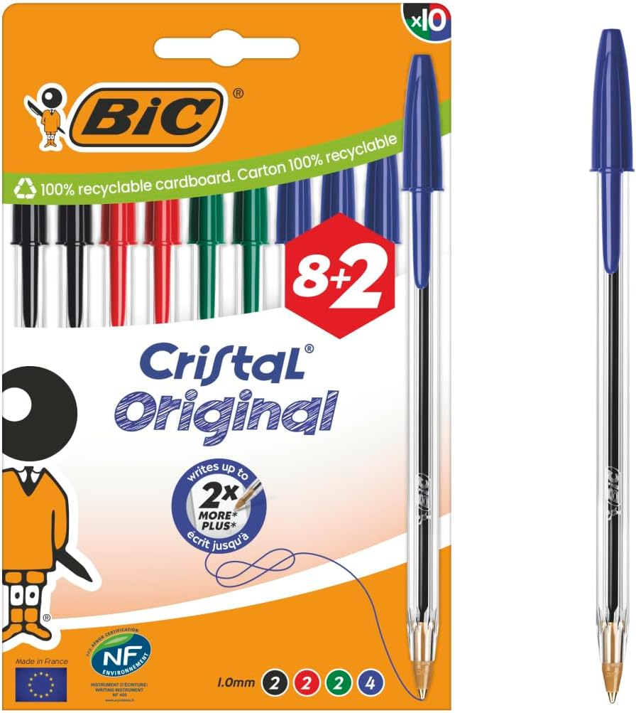 Bic Cristal Original Ballpoint Pens Medium Tip (1 mm) – Blue, Box of 10 ...