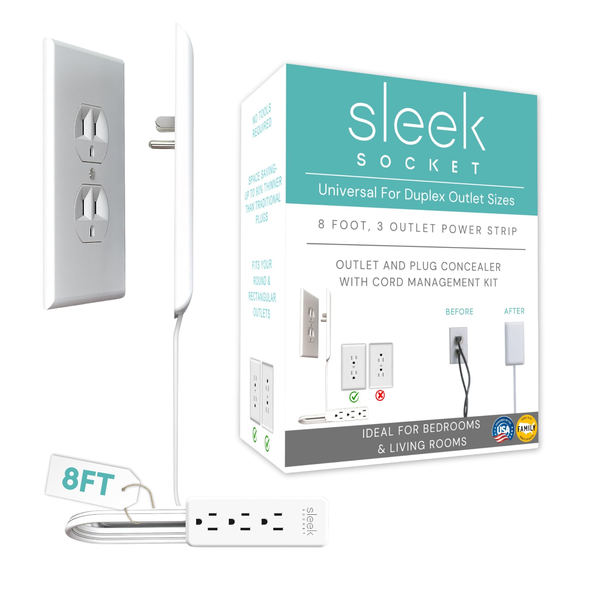 Sleek Socket Original & Patented Ultra-Thin Outlet Concealer with Cord ...
