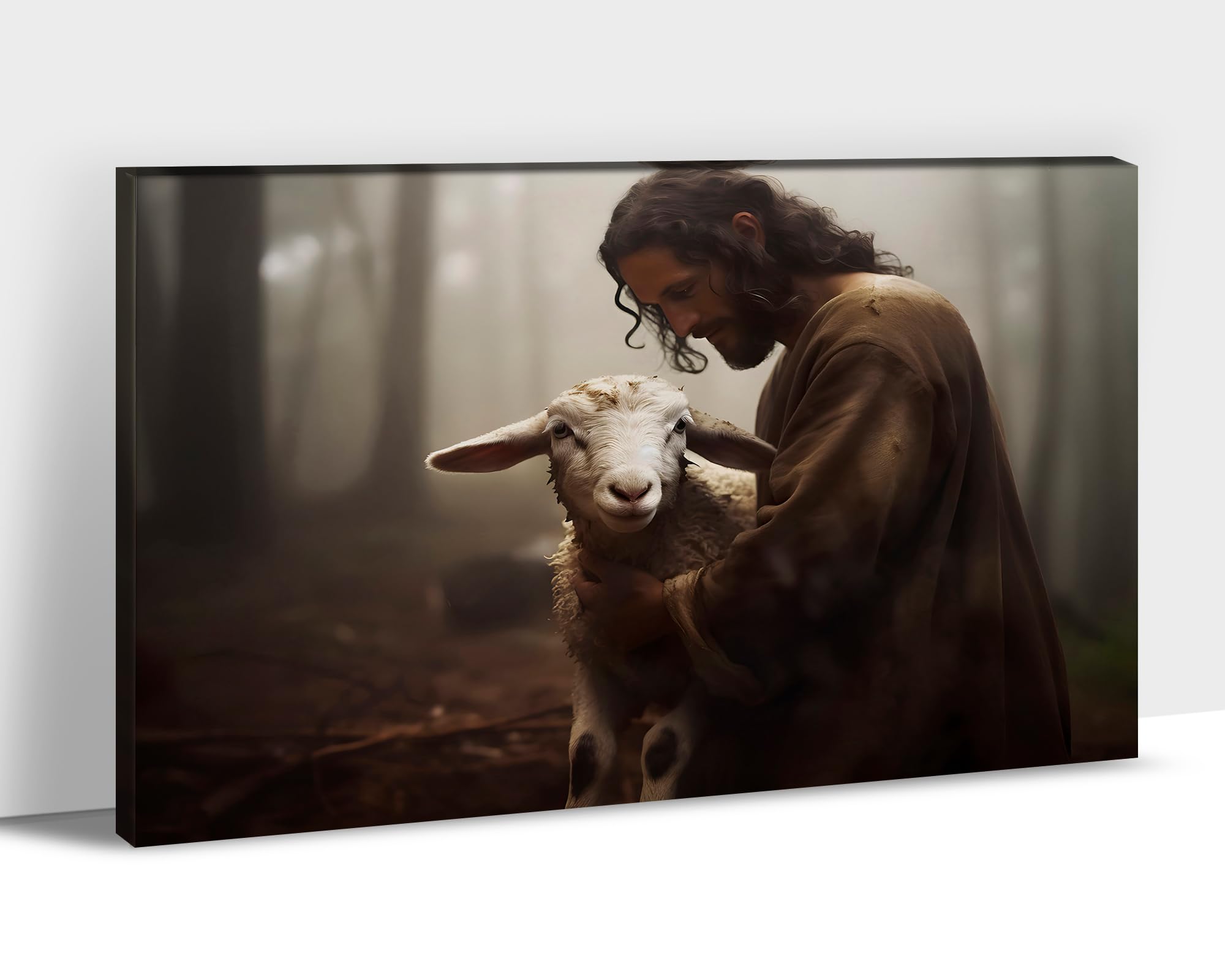 Amazon.com: Jesus and Lamb Canvas Wall Art, Jesus Hug A Muddy Lamb ...