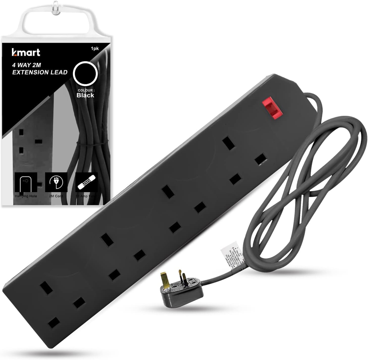K-MART Heavy Duty Extension Lead UK Pin Plug and Cable, 4 Gang Way 2m ...