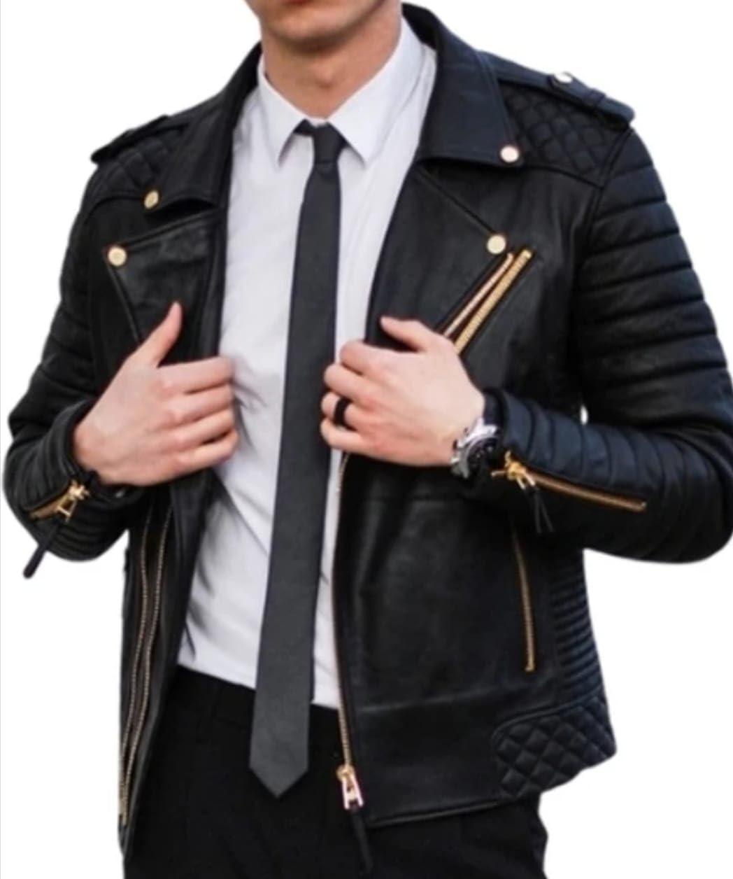 Buy Men's Quilted Leather Biker Jacket, Black, Winter Style with Zipper ...
