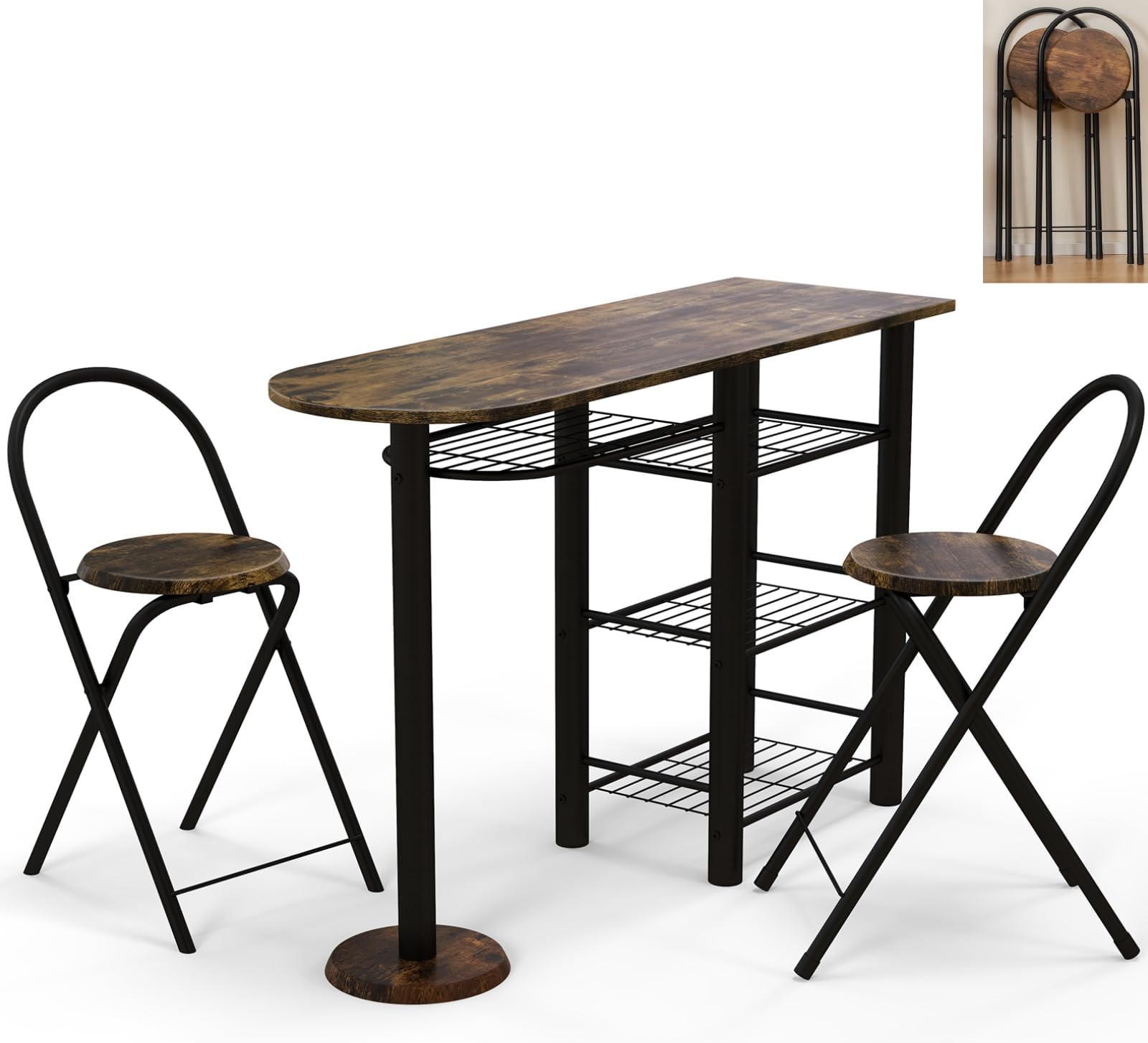 TANGZON 3PCS Folding Dining Table and Chairs, Rolling Drop Leaf Dining ...