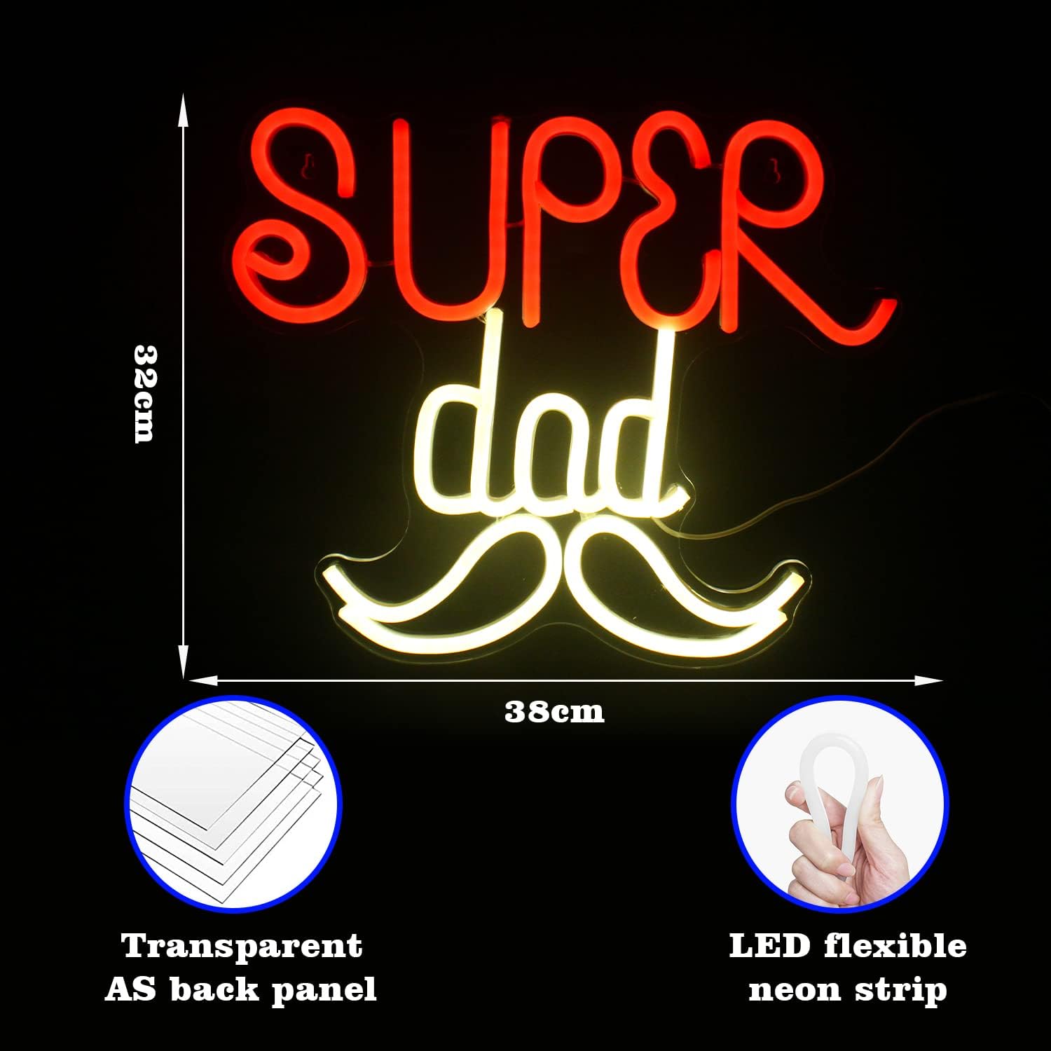 Looklight Super Dad Neon Sign Led Red Neon Sign Warm White Beard Neon ...