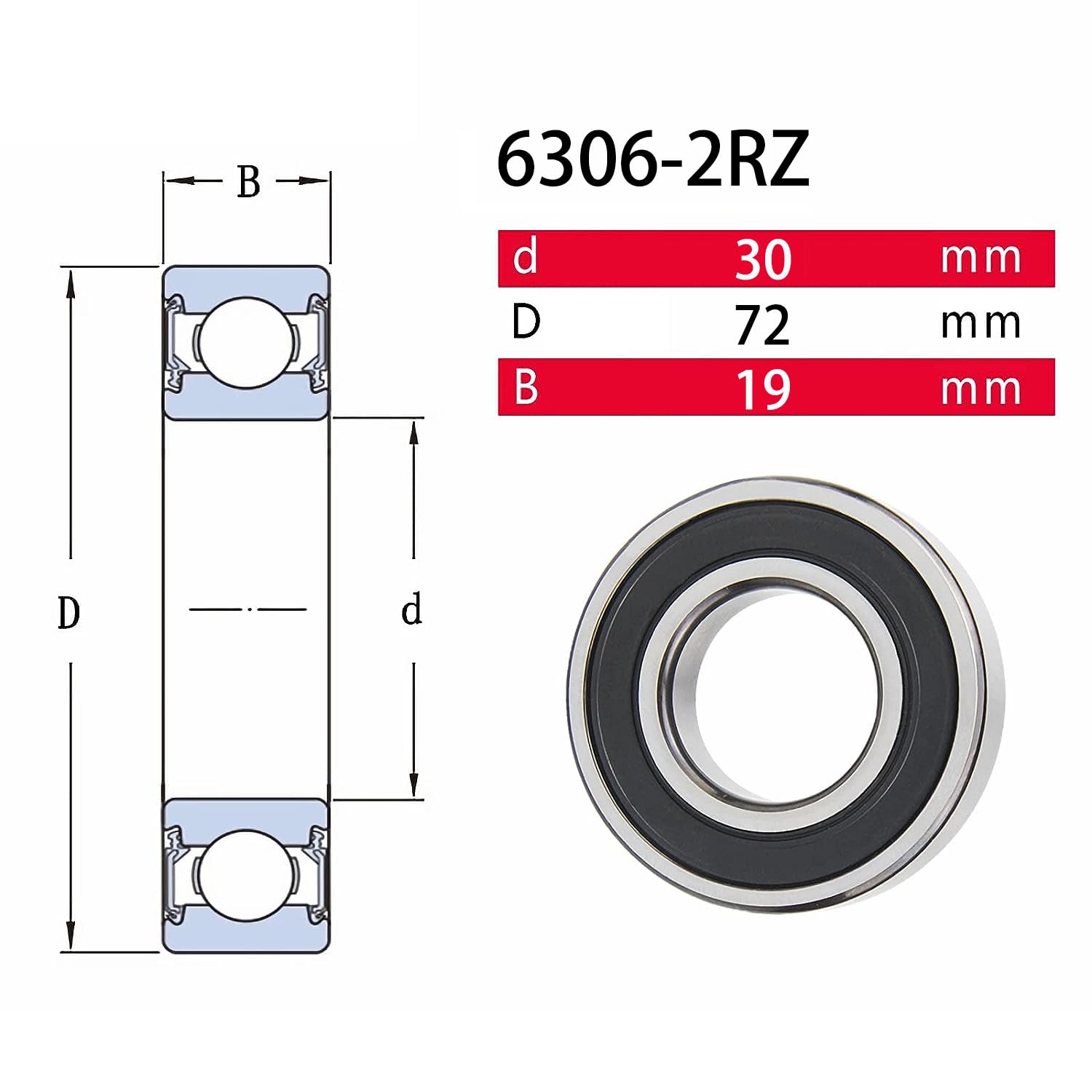 Rodamiento 6306-2RS/C3 Rígido De Bolas Con Sello De Hule 30x72x19 Mm
