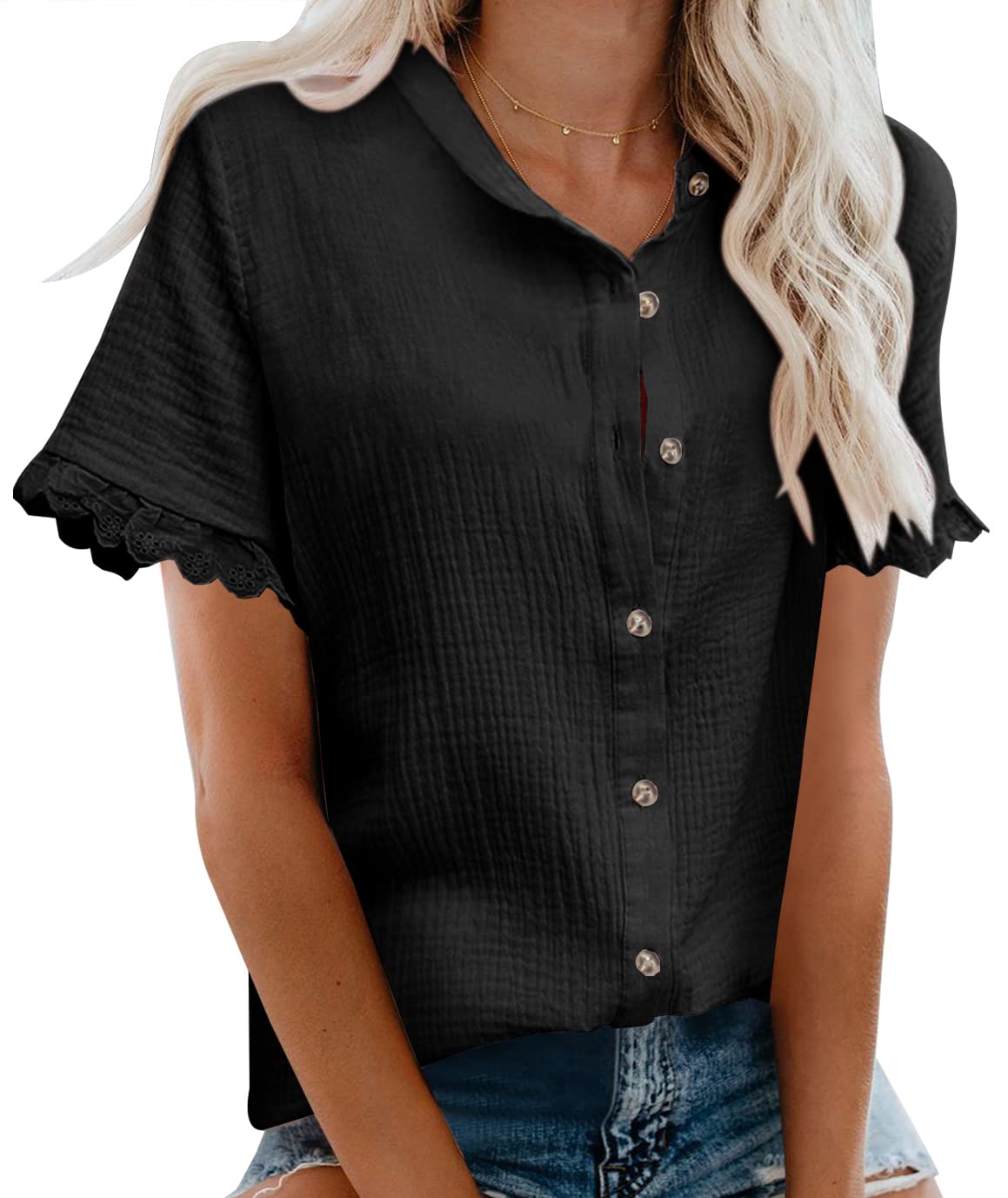 Womens Summer Cotton Shirt Button Down V Neck Short Sleeve Blouse Casual Loose Lightweight Tunic ...