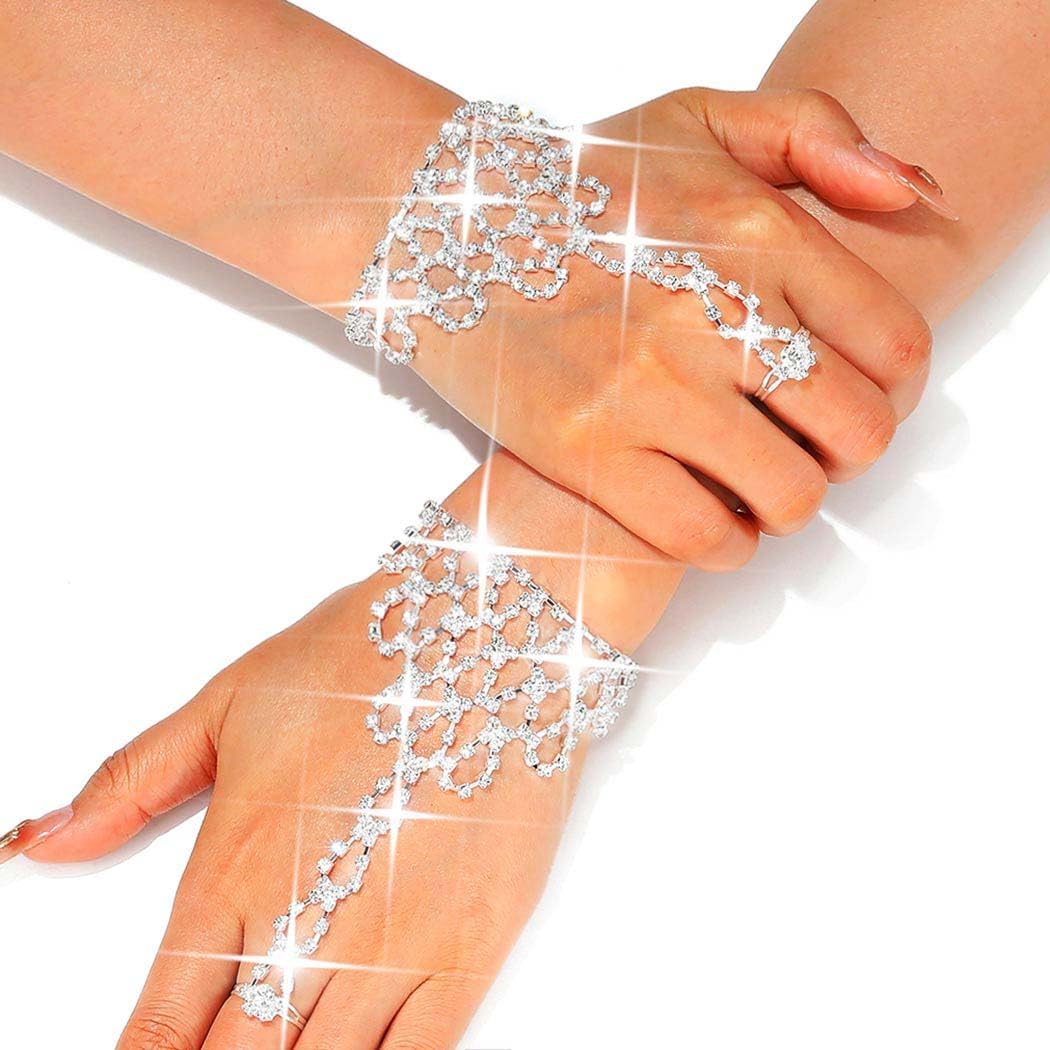 Amazon.com: GORTIN Rhinestone Fingerless Gloves Silver Wedding Glove ...