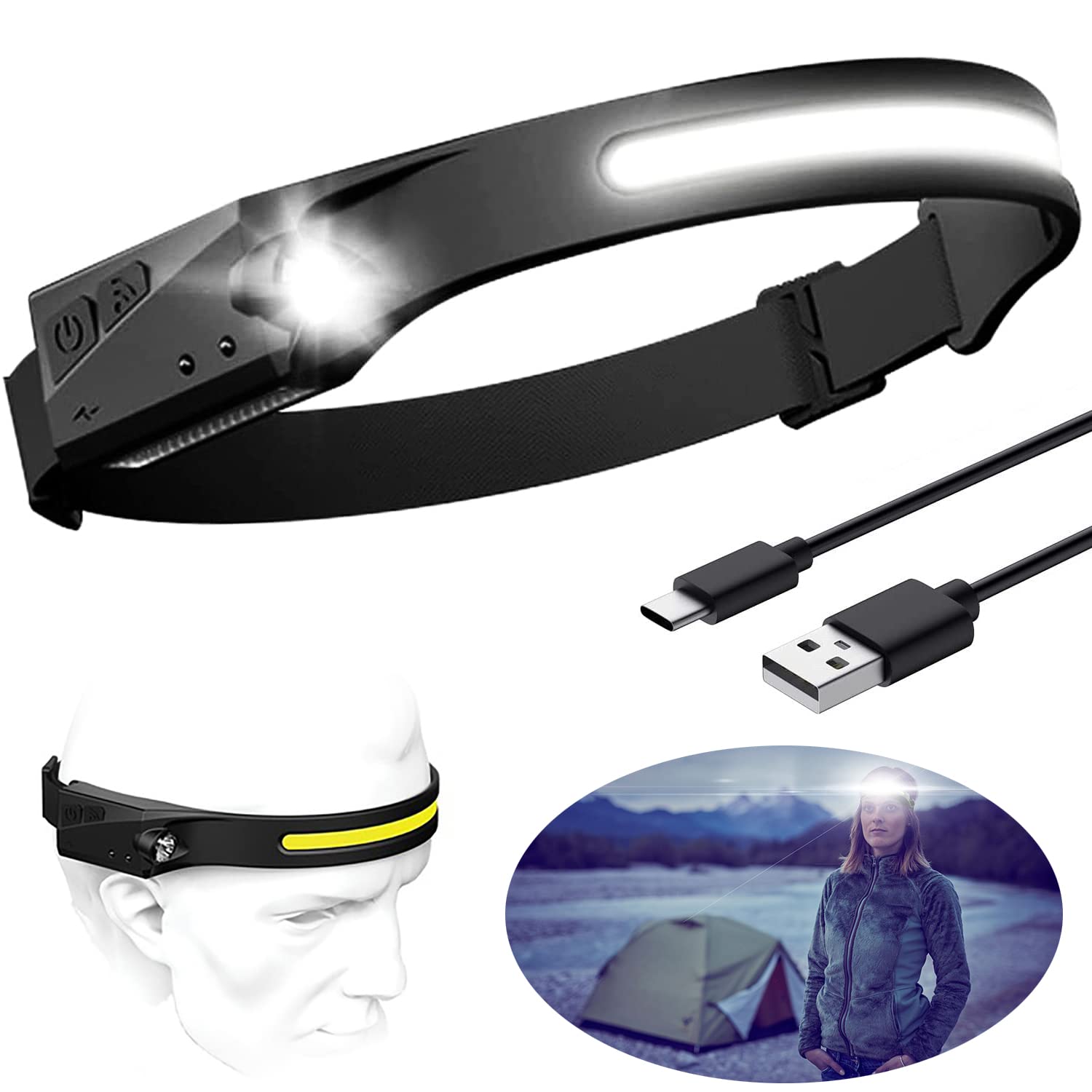 Rechargeable LED Headlamp, 230° Wide Beam, 5 Light Modes, 350 Lumen ...