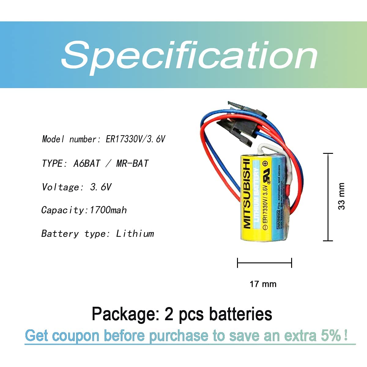 Mitsubishi A6BAT Replacement UGB 20pcs Original NEW MR-BAT ER17330V ER2 ...