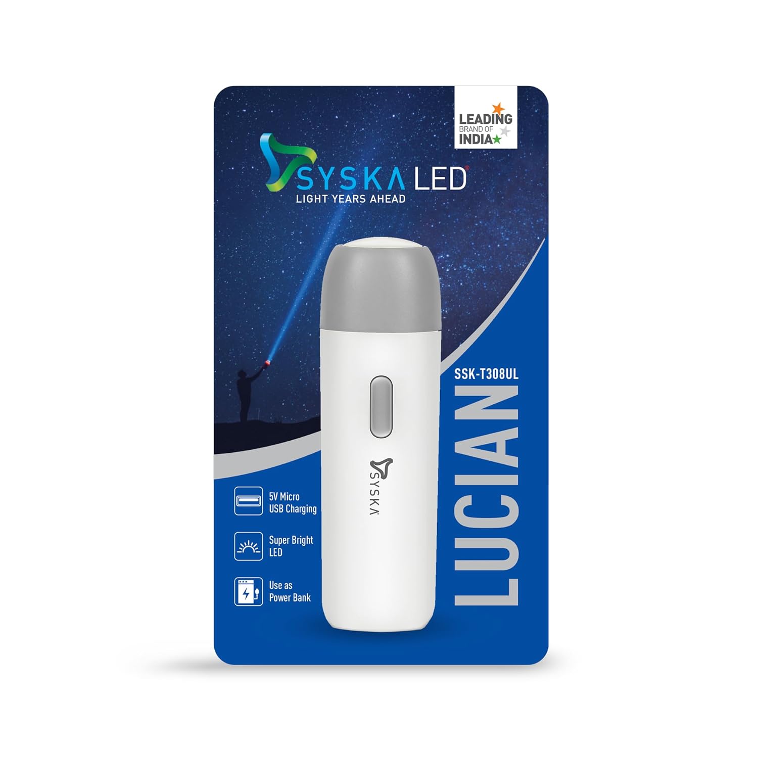 Syska Lucian Rechargeable LED Torch|1 Watt, Micro USB Charging, 6500K ...