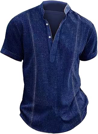Men's Cotton Linen Henley Shirt Cuban Guayabera Button Up Short Sleeve Hippie Tops Casual Banded ...