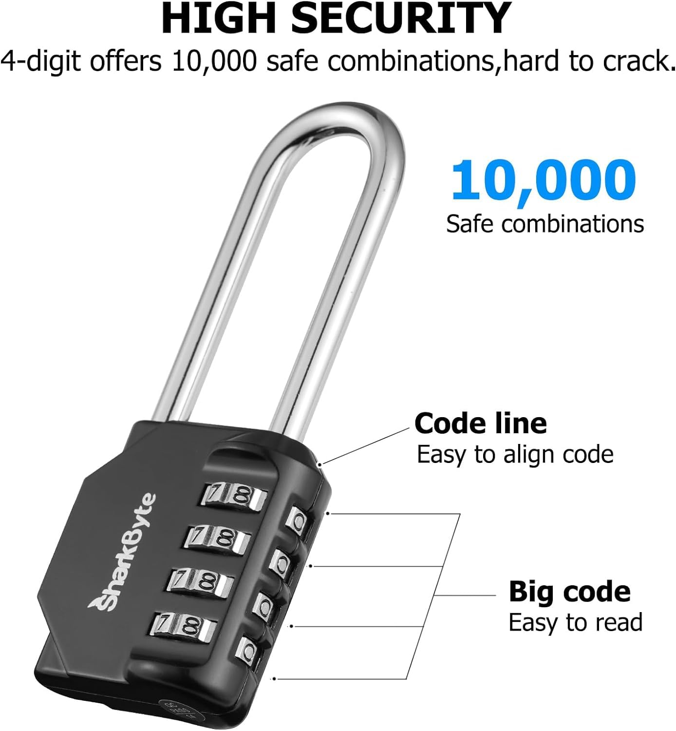 SharkByte Combination Padlock [2.6″ Long Shackle] 4-Dial Heavy Duty ...