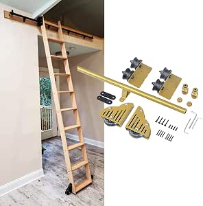 WJYCGFKJ 3.3ft-20ft Rolling Rustic Gold Sliding Library Office Ladder ...