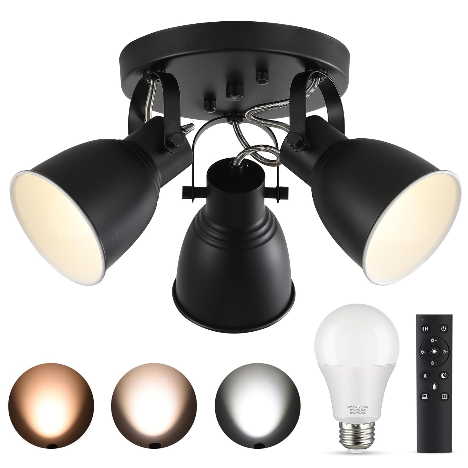 YILYNN 3 Light Ceiling Mount Directional Spotlight,Dimmable with Remote ...