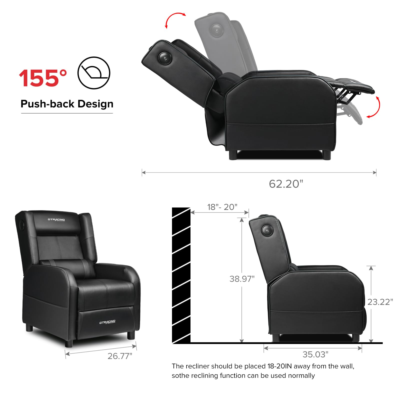 GTRACING Gaming Recliner Chair with Bluetooth Speakers Racing Style ...